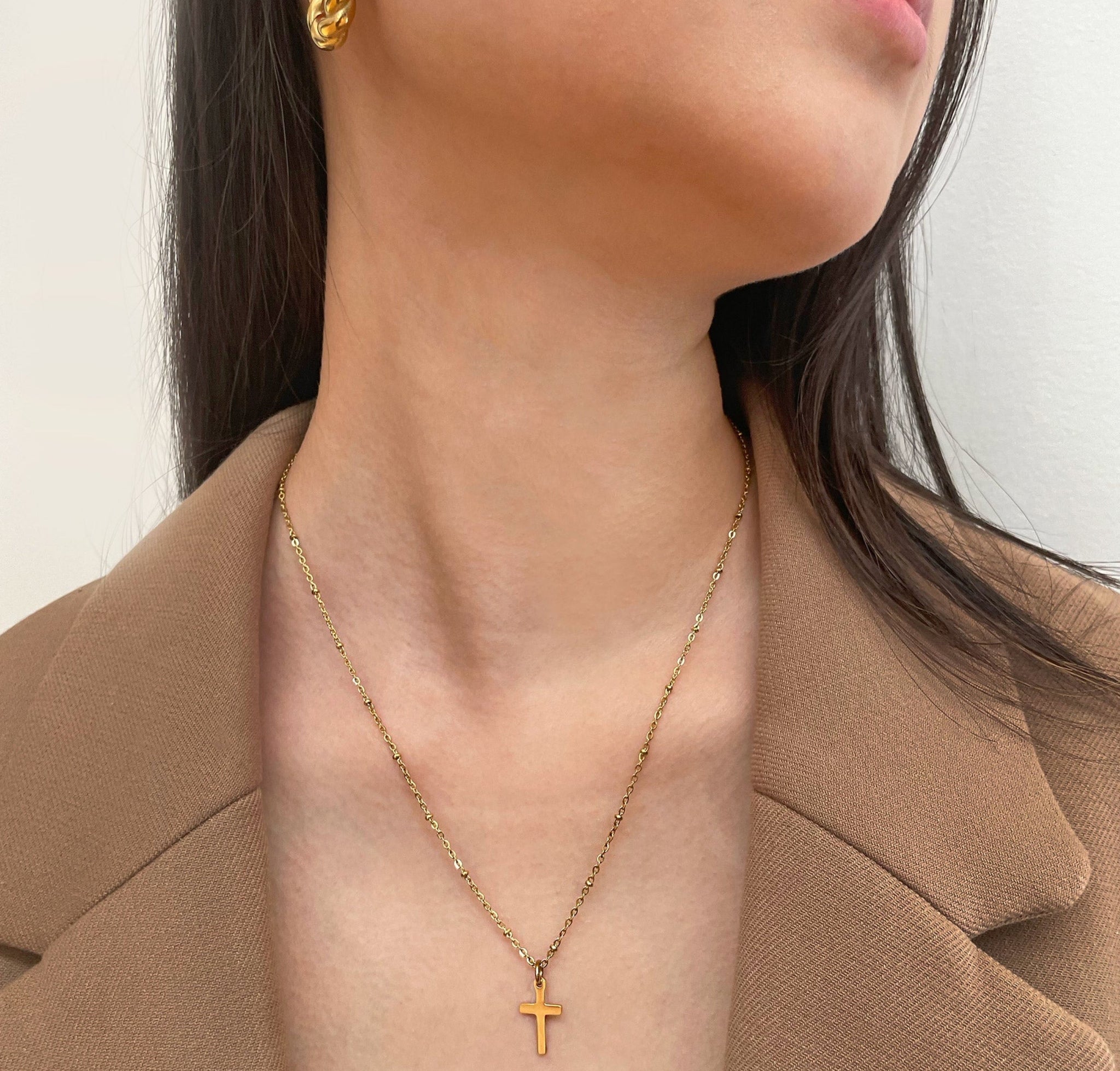 Rosa Gold Dainty Cross Necklace Sample - Waterproof Jewelry